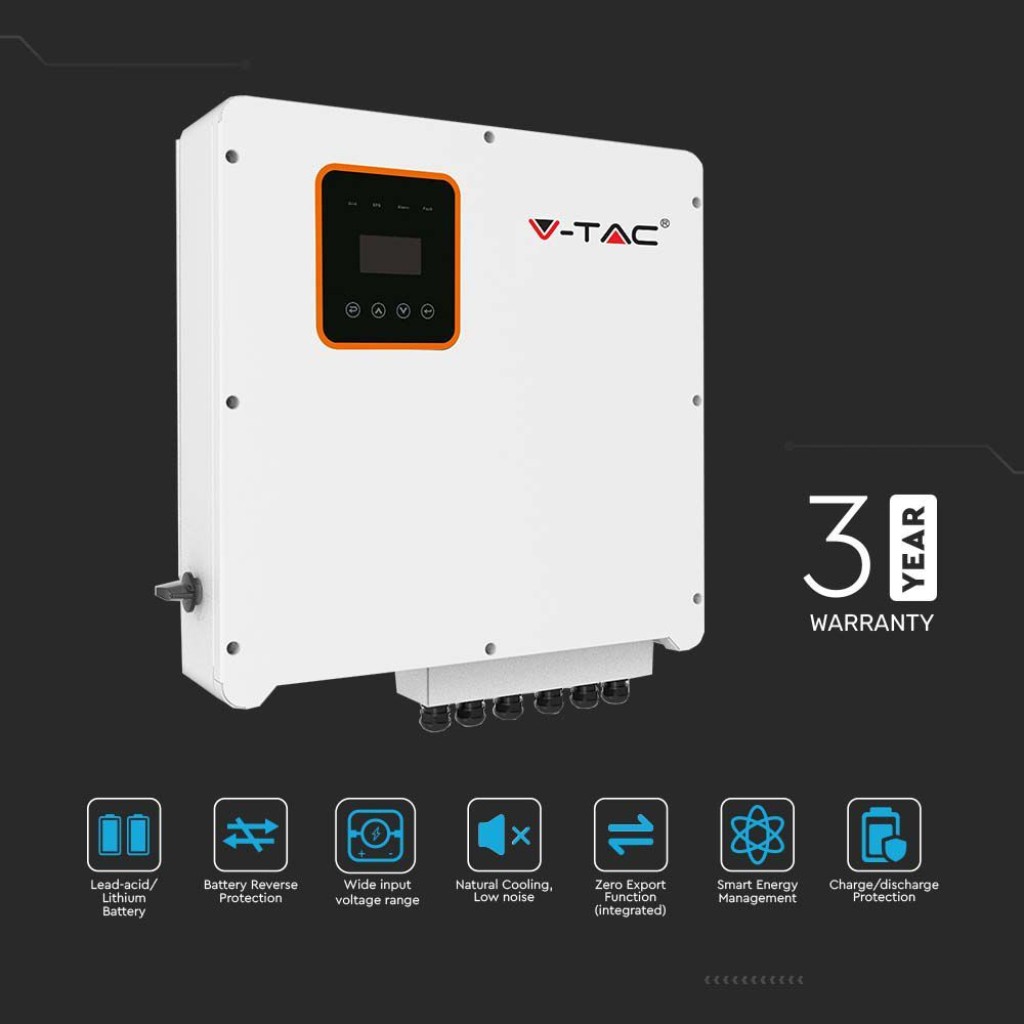 V-TAC Inverter Fotovoltaico Trifase Ibrido On-Grid / Off-Grid 8kW con ...